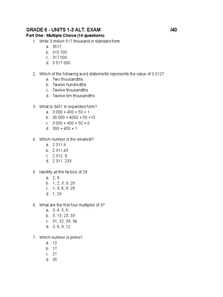 Grade 6 - Units 1-3 Alt. Exam /40: Part One - Multiple Choice (14 ...