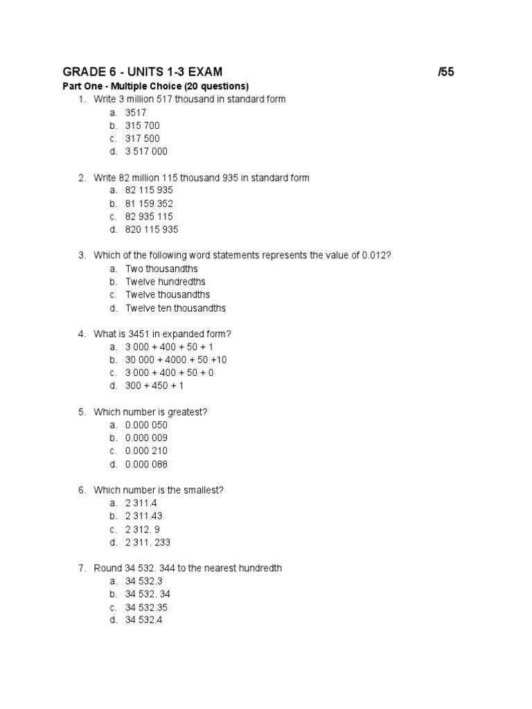 Grade 6 - Units 1-3 Exam /55: Part One - Multiple Choice (20 Questions ...