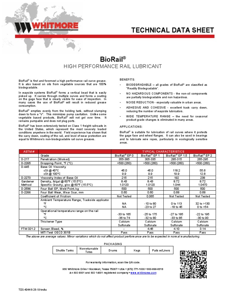 Technical Data Sheet: High Performance Rail Lubricant | PDF | Viscosity ...