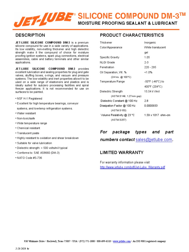 Jet-Lube Silicone Compound DM-3 Overview | PDF | Silicone | Lubricant