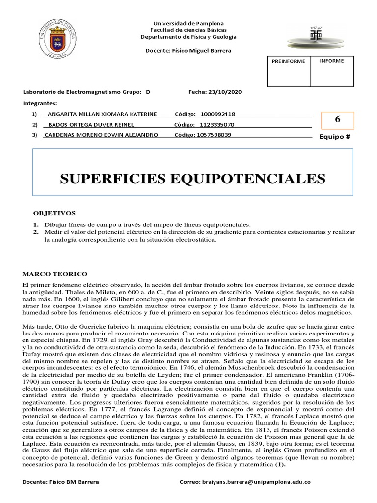 Informe #3 Superficies Equipotenciales Grupo 6 | PDF | Campo eléctrico | Energía potencial