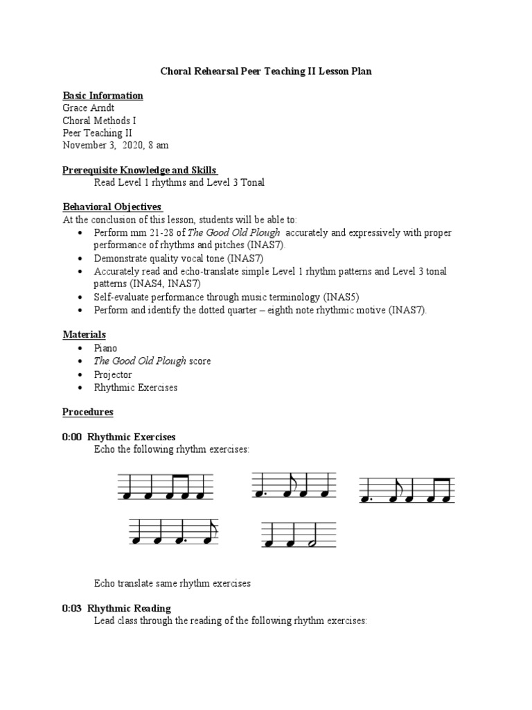 Choral Rehearsal Peer Teaching II Lesson Plan Basic Information | PDF ...
