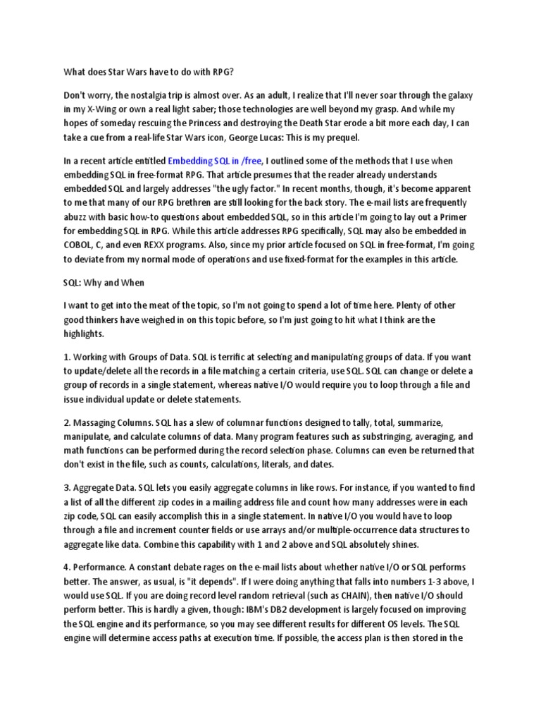 Embedding Sql In Free Pdf Sql Ibm Rpg