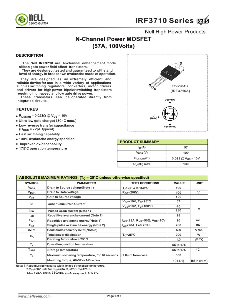 IRF3710 Series: N-Channel Power MOSFET (57A, 100volts) Description ...