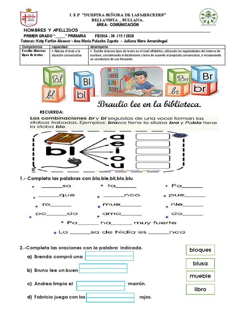 Actividades de sílabas bl y br para primaria | PDF