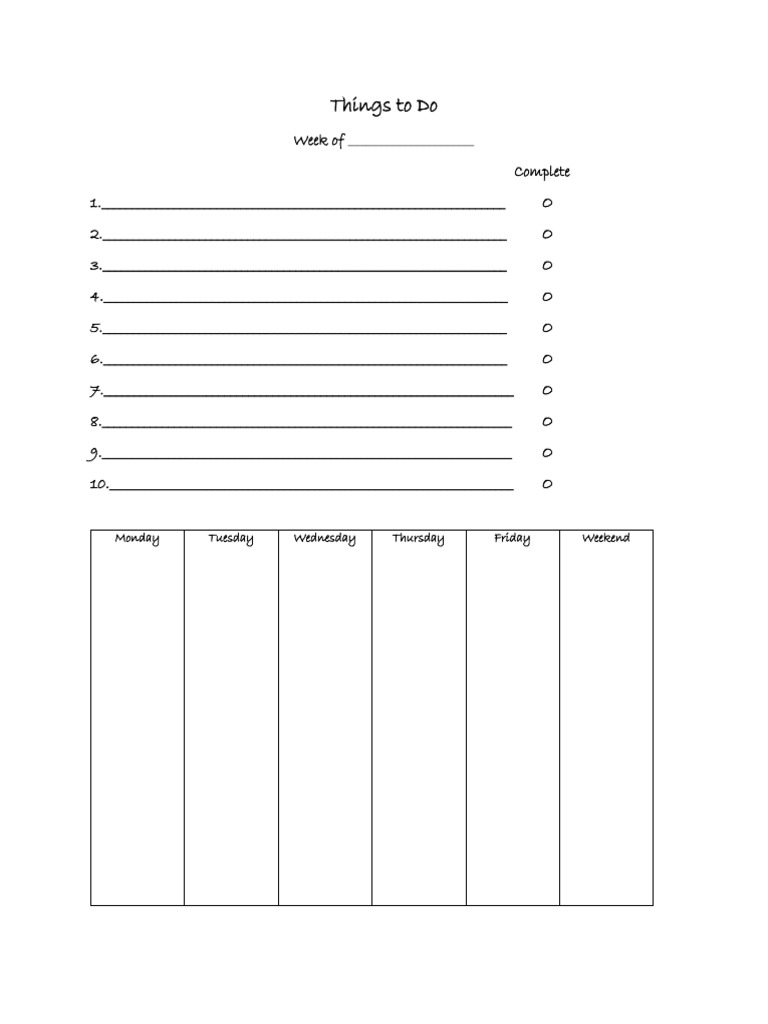 Things To Do: Monday Tuesday Wednesday Thursday Friday Weekend | PDF ...