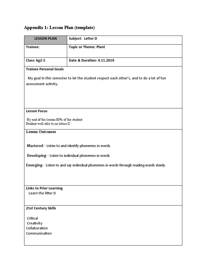 Appendix 1: Lesson Plan (Template) : Lesson Plan Subject: Letter D ...