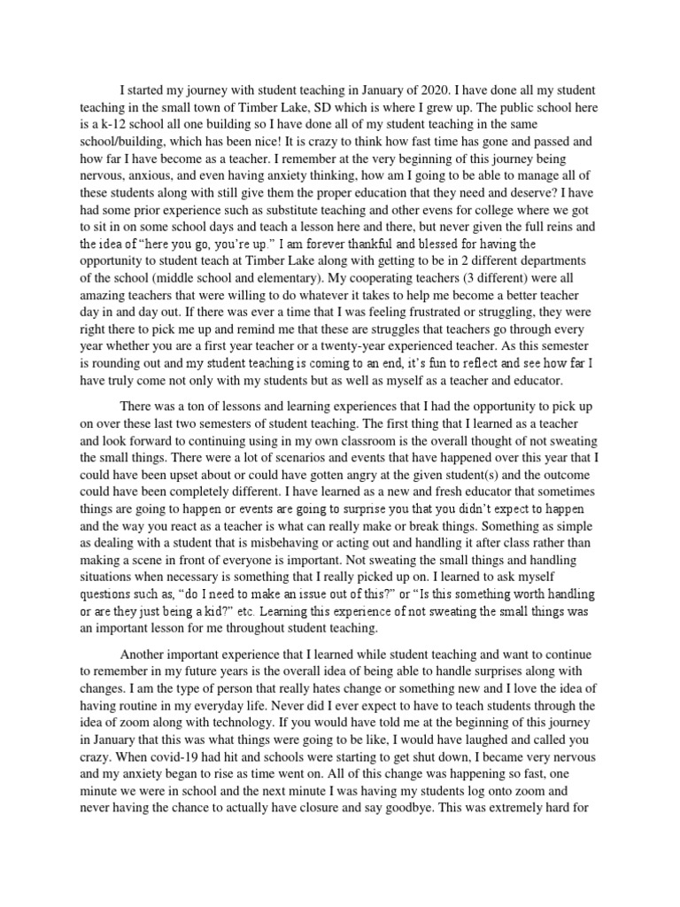 Student Teaching Reflection | PDF | Teachers | Behavior Modification