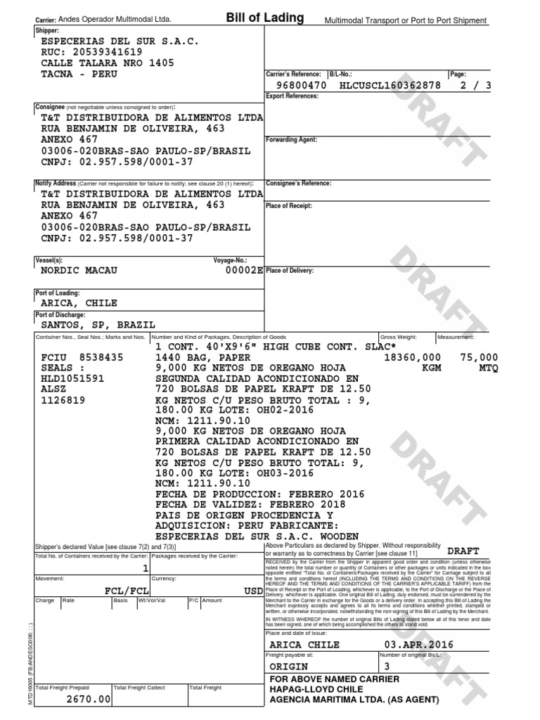Draft BL T&T | PDF | Bill Of Lading | Cargo