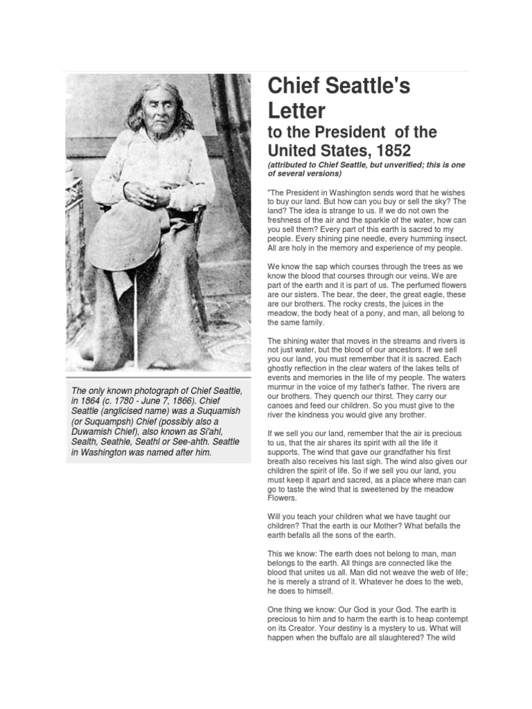 Chief Seattle's Letter To The US Govt in 1852 Re Purchase of Tribal ...