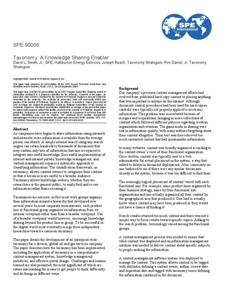 SPE 90006 Taxonomy: A Knowledge Sharing Enabler: Background | PDF ...