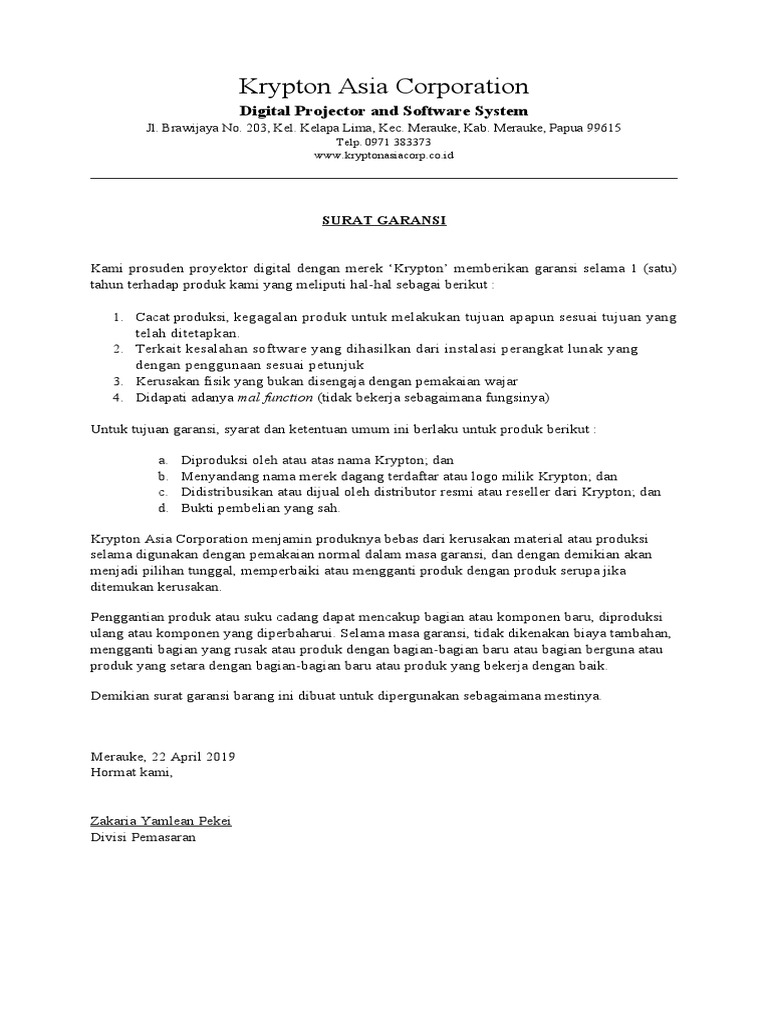Contoh Surat Garansi Barang Elektronik | PDF