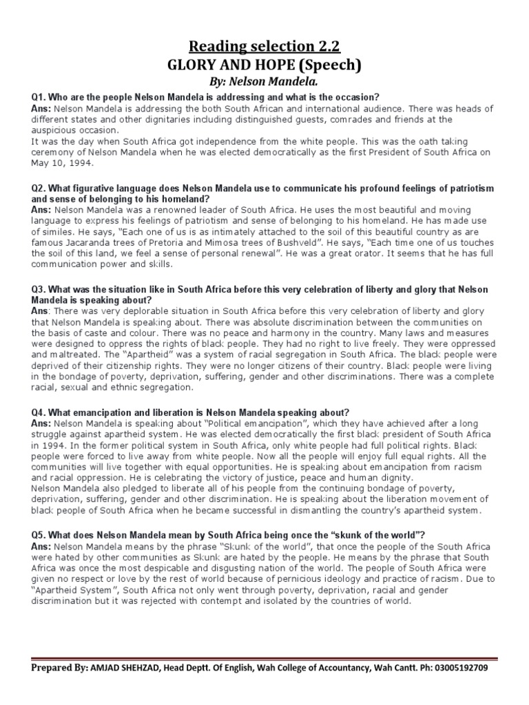 Reading Selection 2.2 Glory and Hope (Speech) : By: Nelson Mandela ...