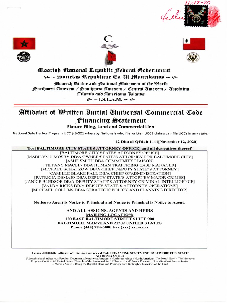 Affidavit of Universal Commercial Code Statement-Lien-BALTIMORE CITY ...