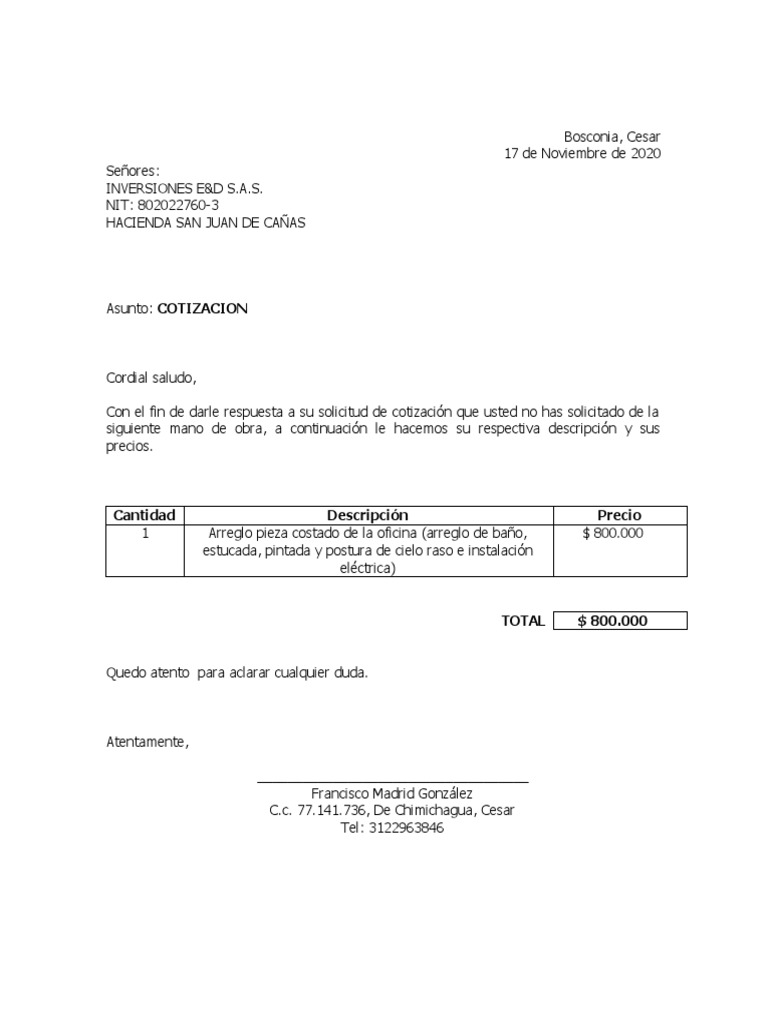 Carta de Cotización PLANTILLA | PDF