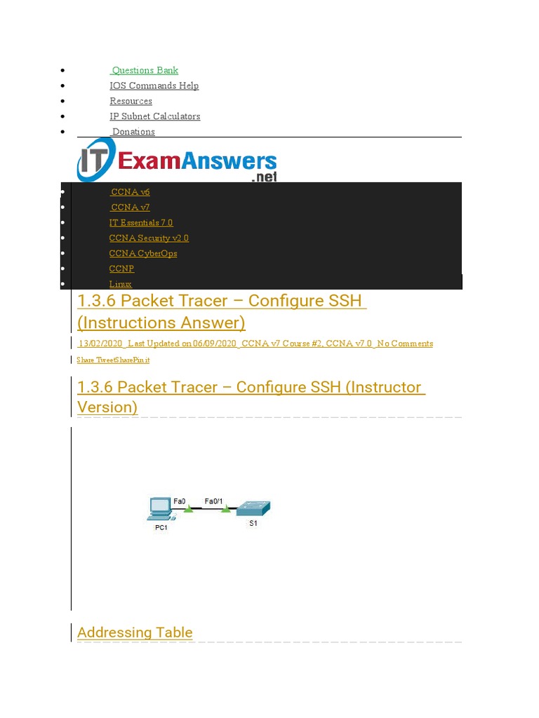 1.3.6 Packet Tracer - Configure SSH (Instructions Answer) | Download Free PDF | Secure Shell ...