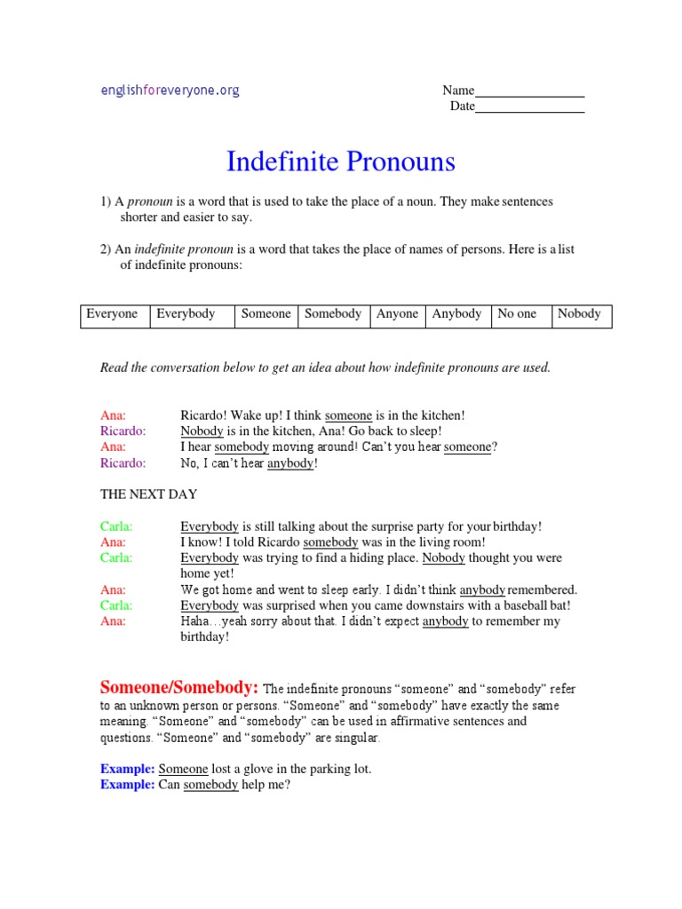 319 Indefinite Pronouns Dialogues | PDF | Pronoun | Linguistic Morphology