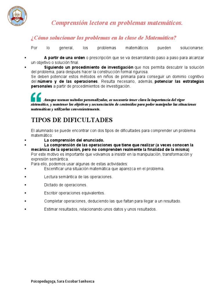 Comprensión Lectora en Problemas Matemáticos | PDF | Comprensión ...