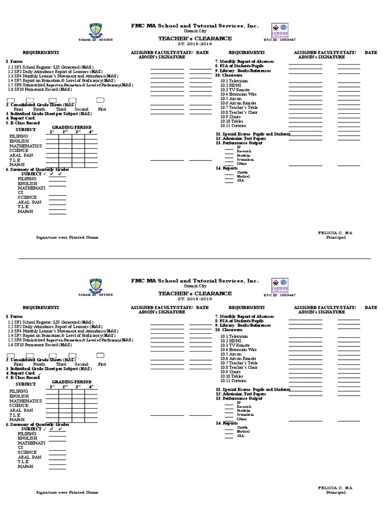 FMC MA School and Tutorial Services, Inc. Teacher'S Clearance | PDF ...