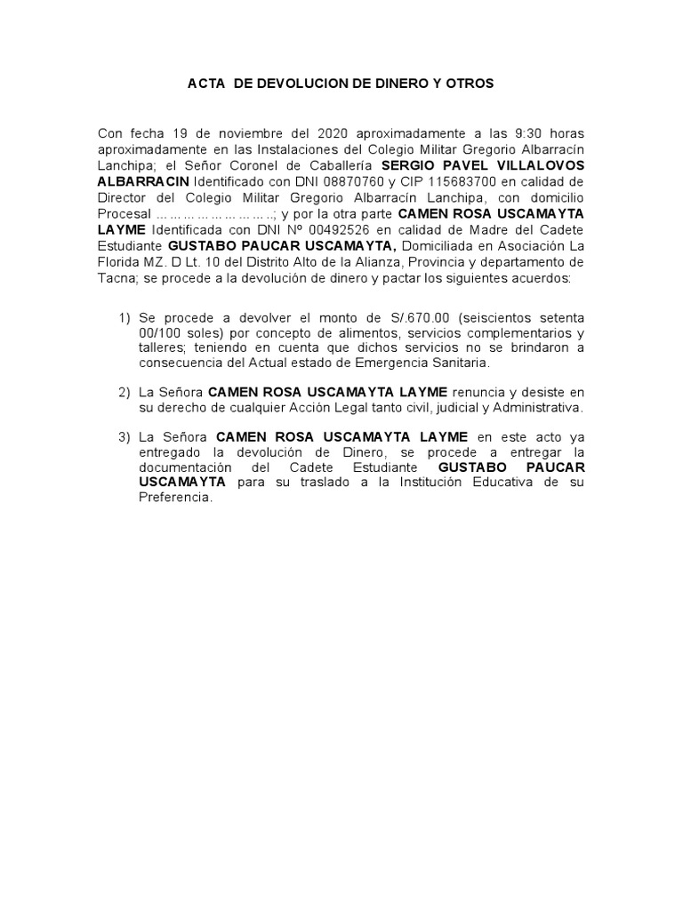 Acta de Devolucion de Dinero y Otros | PDF