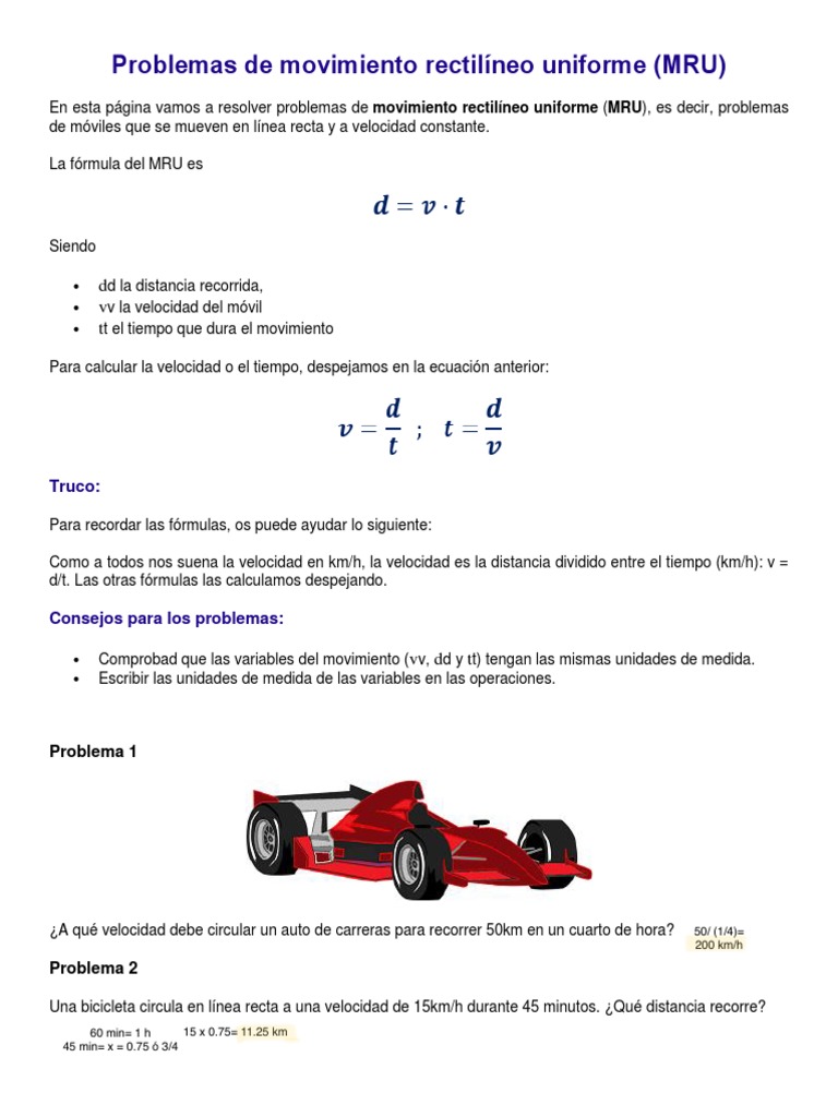 Problemas de Movimiento Rectilíneo Uniforme (MRU) - Resueltos | PDF | Velocidad | Aceleración