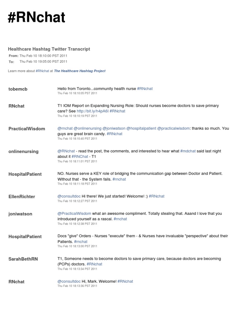 RNchat Transcript For February 10, 2011 | PDF | Nursing | Primary Care
