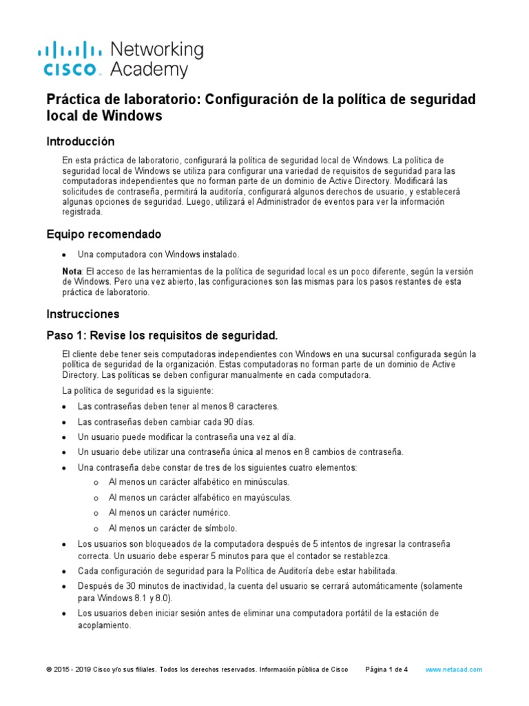 13 3 2 5 Lab Configure Windows Local Security Policy Pdf Contraseña Usuario Informática