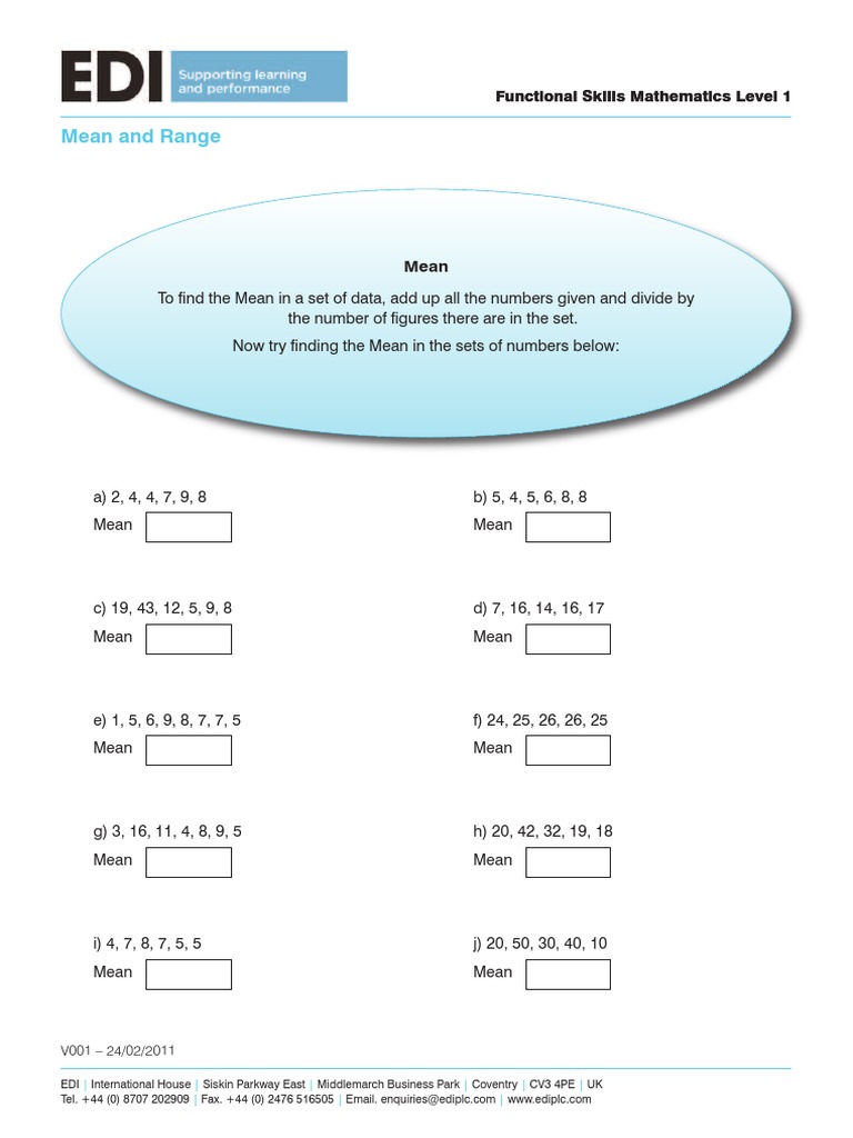 Mean and Range: Functional Skills Mathematics Level 1 Functional Skills ...