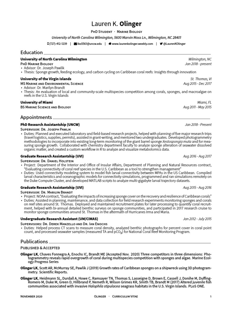 Lauren Olinger's Marine Biology CV | PDF | Scuba Diving | Coral Reef