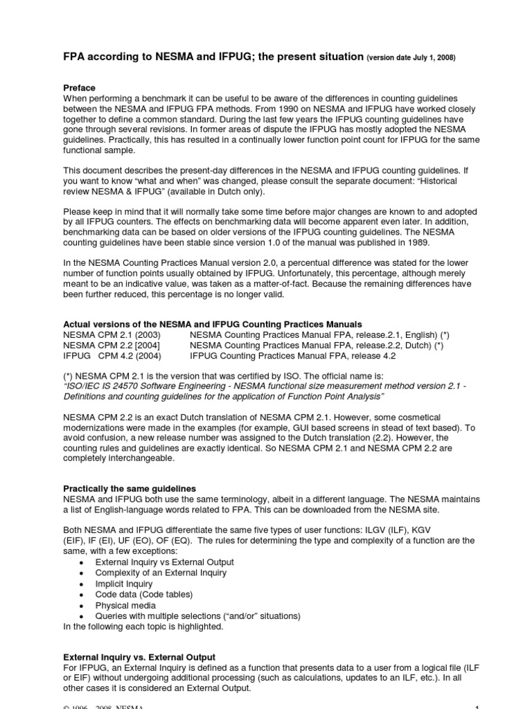 FPA According To NESMA and IFPUG - The Present Situation (Vs 2008-07-01 ...