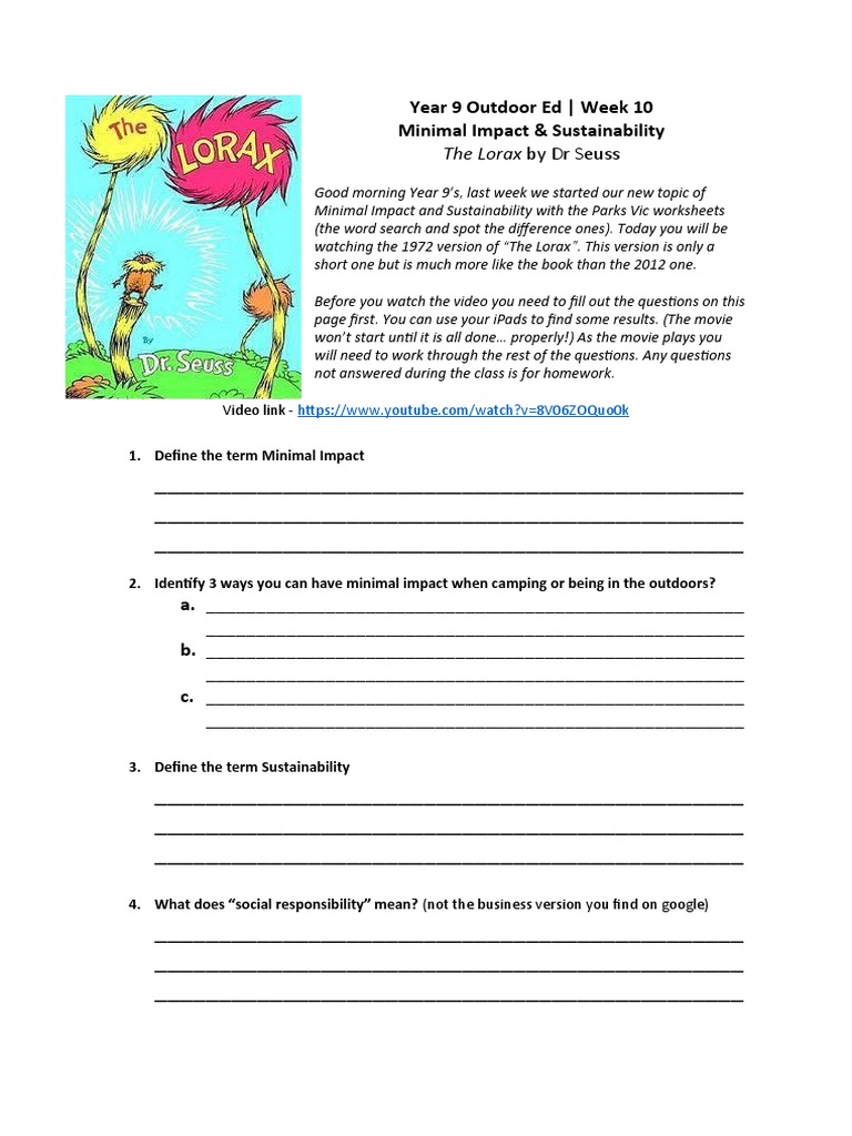 W10 - The Lorax 1972 Question Sheet (Minimal Impact) | PDF | Business ...