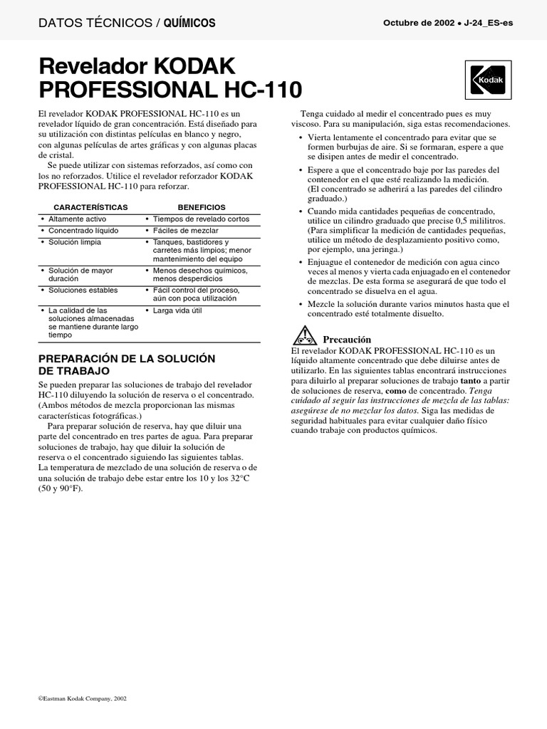 Revelador Kodak HC 110 - Espac3b1ol3 | PDF | Agua | Química