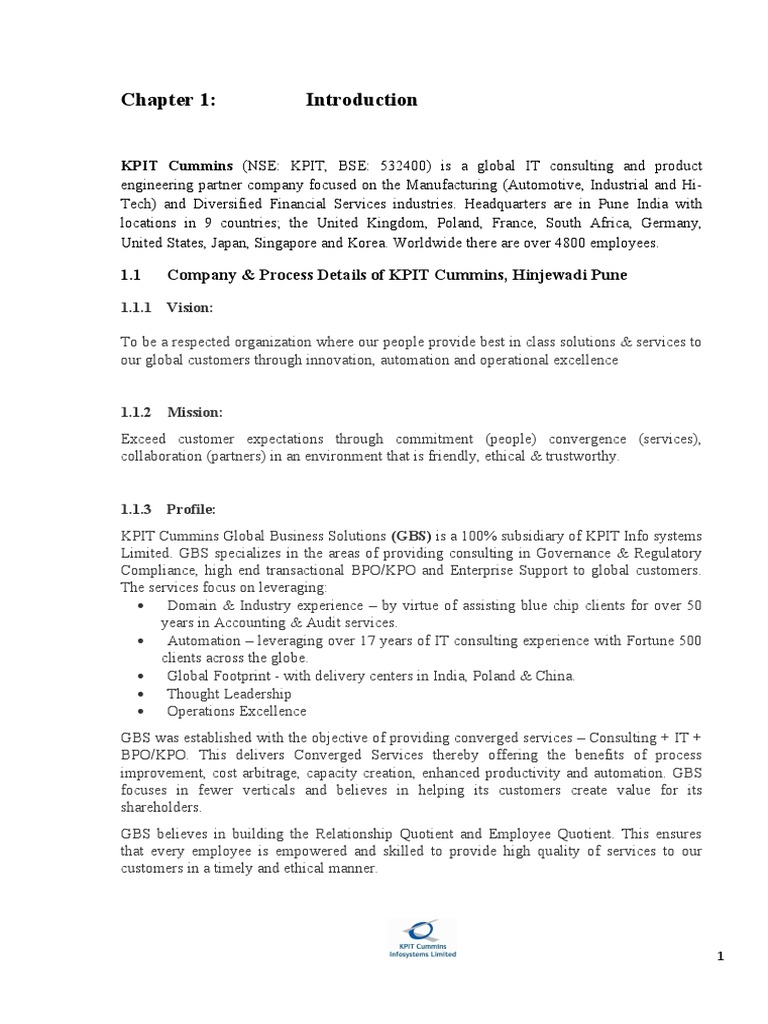 1.1 Company & Process Details of KPIT Cummins, Hinjewadi Pune | PDF ...