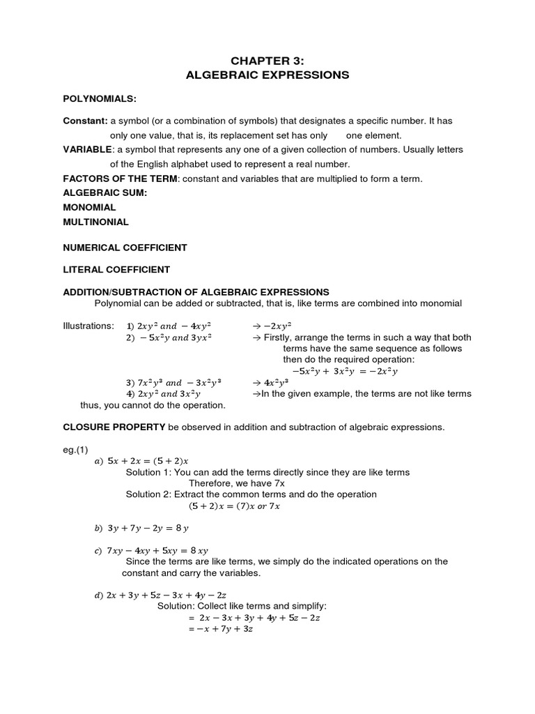Algebraic Expressions | PDF | Polynomial | Elementary Mathematics