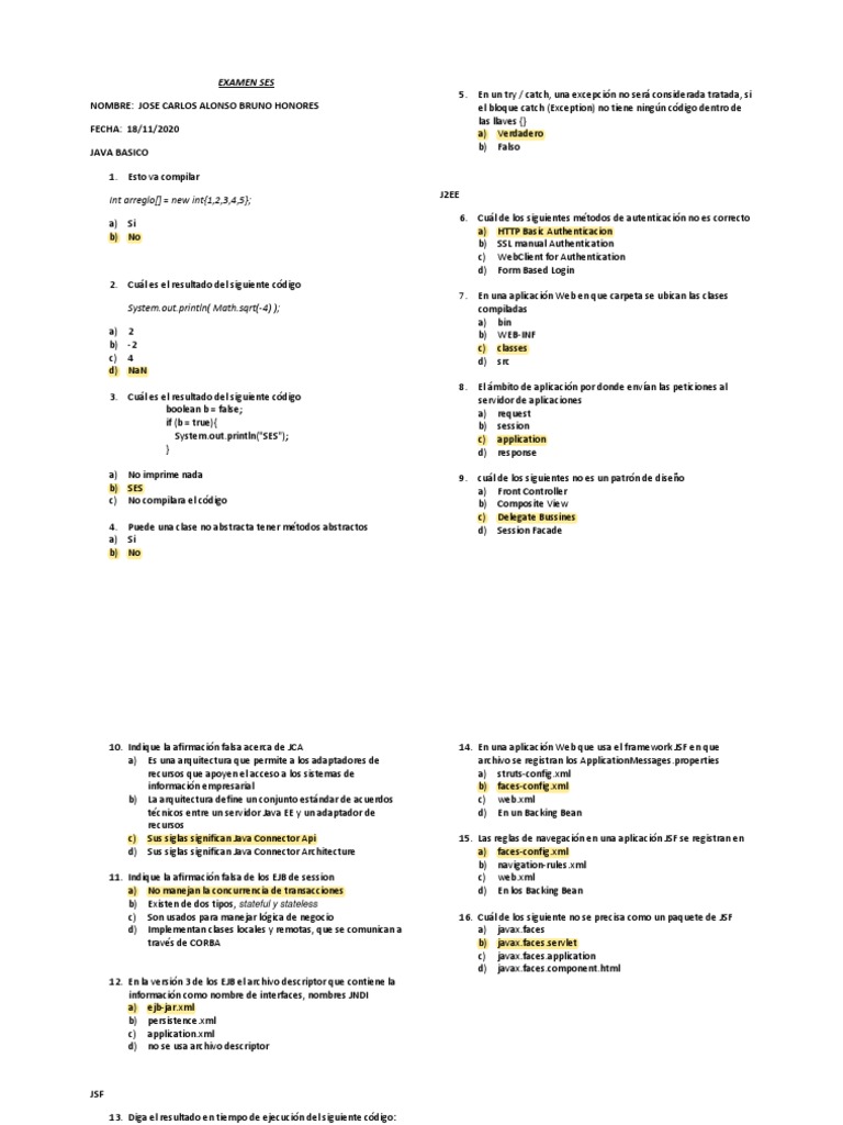 Examen de Java y J2EE para SES | PDF | Enterprise Java Beans | Java ...