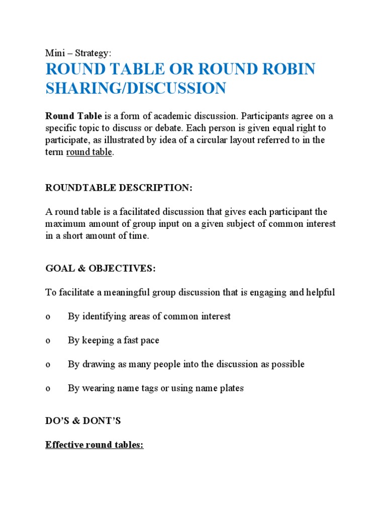 Round Table or Round Robin Sharing/Discussion: Round Table Is A Form of ...