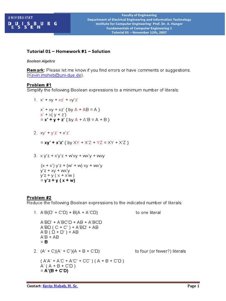 Tutorial 01 - Homework #1 - Solution: Kevin - Moheb@uni-Due - de ...