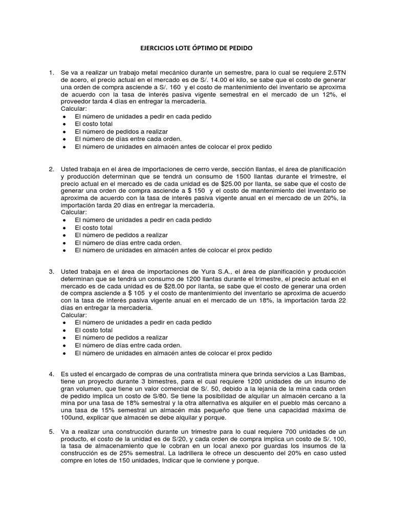 Ejercicios Lote Económico | PDF | Inventario | Procesos de negocio