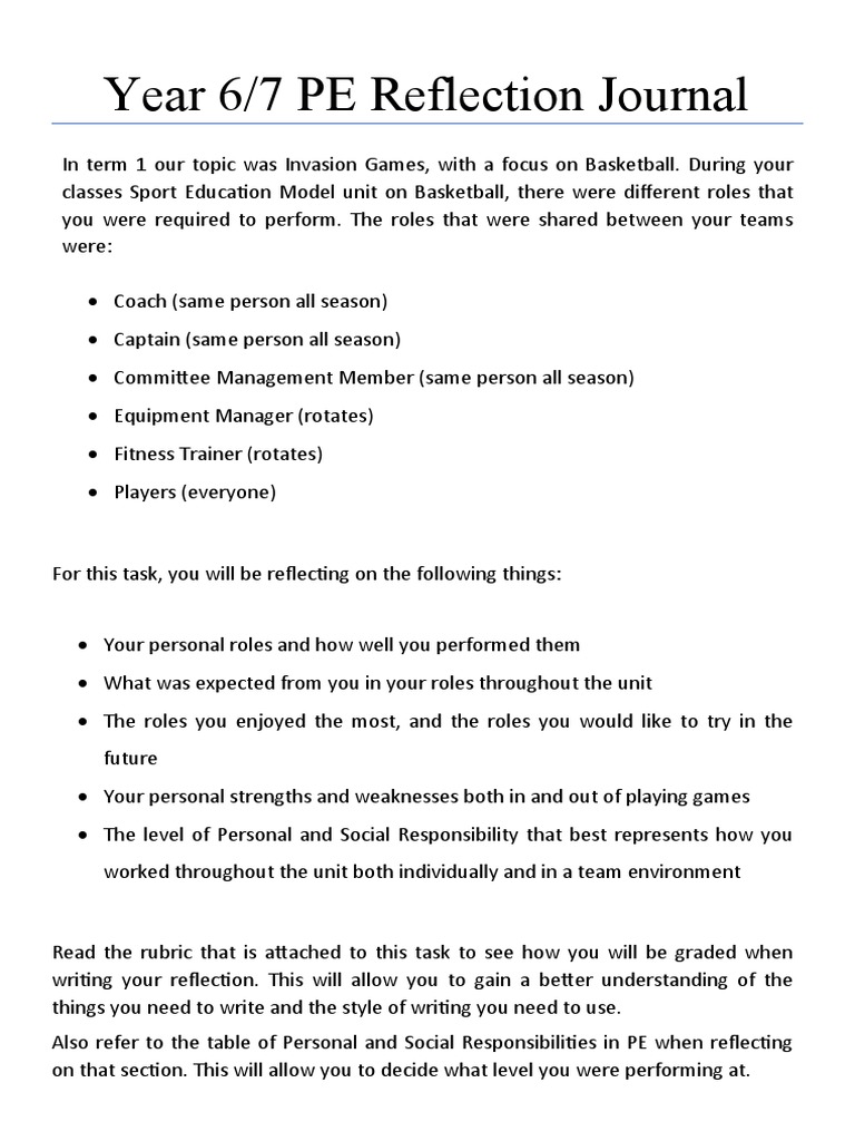 Year 6 Basketball Reflection Journal | PDF | Social Psychology ...