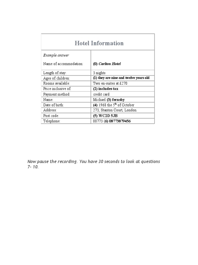 Hotel Information: Example Answer | PDF