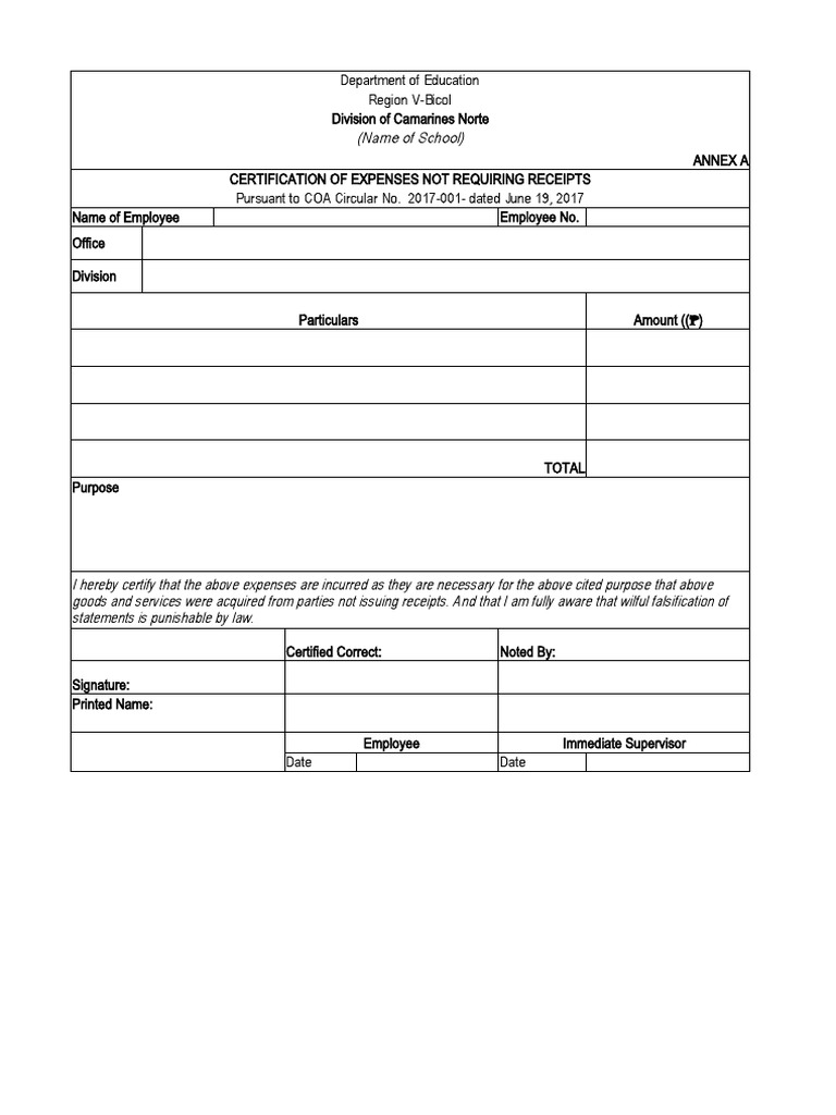 COA Certification of Expenses Form | PDF