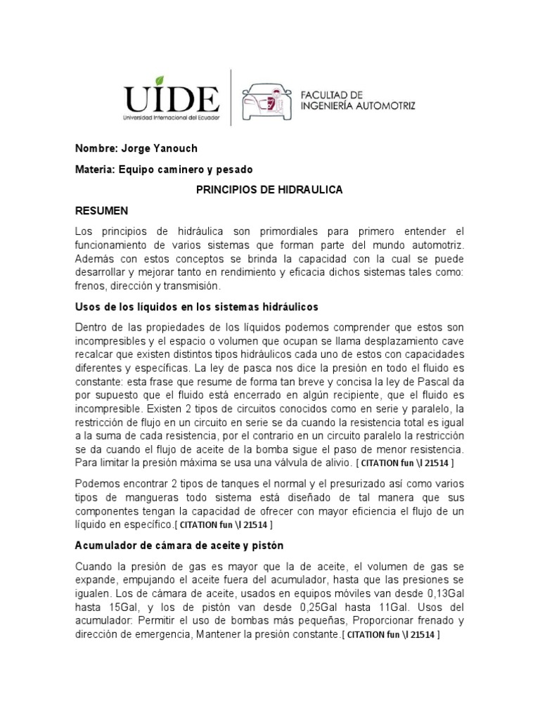 Resumen Principios de Hidraulica | PDF | Bomba | Presión