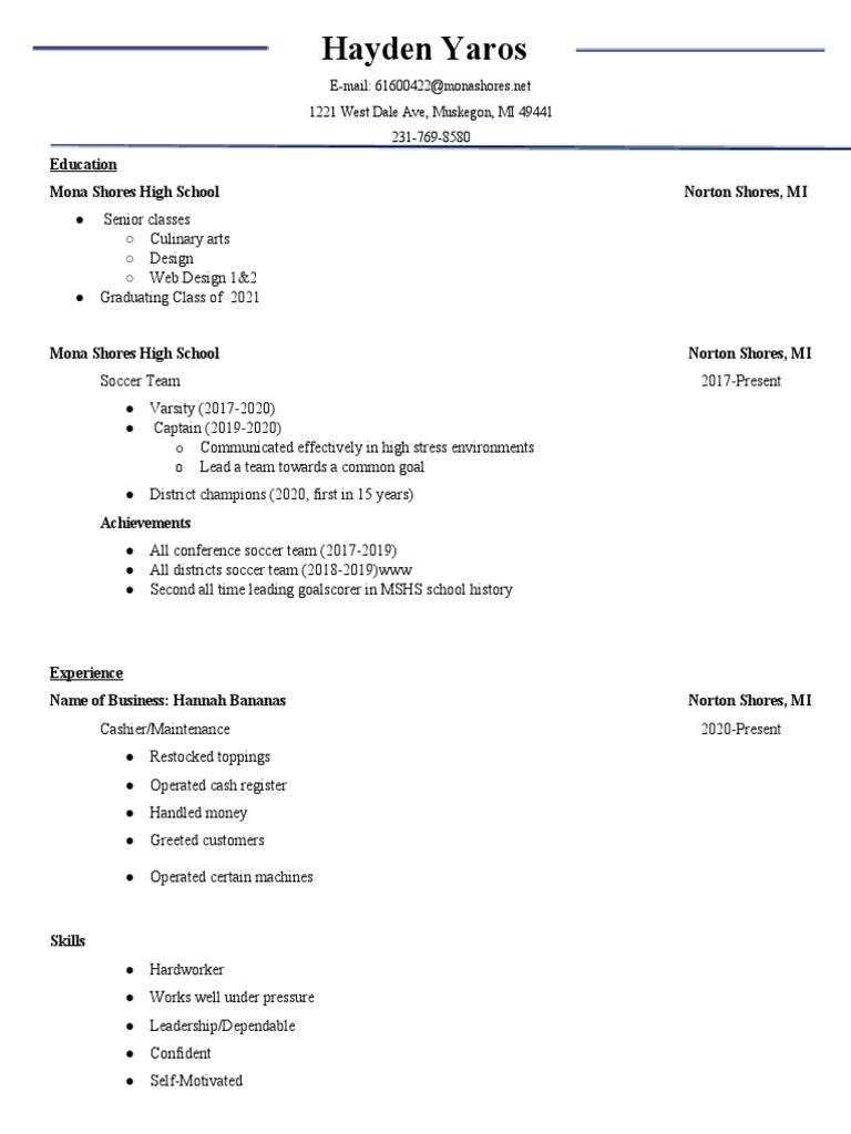 Hayden Yaros: Student Athlete Profile | PDF