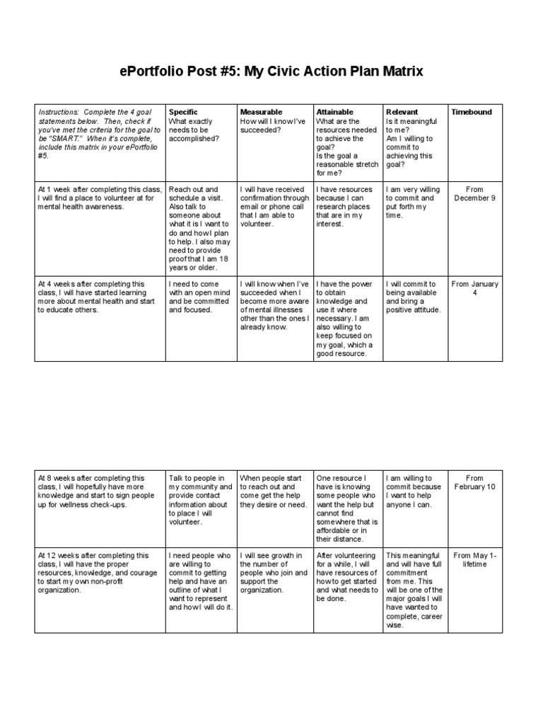 Final Post 5 My Civic Action Plan Matrix | PDF | Goal | Behavioural ...