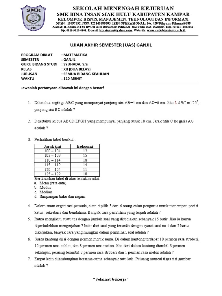 Soal Us MTK Kelas Xii (Akl, Otkp & TKJ) | PDF