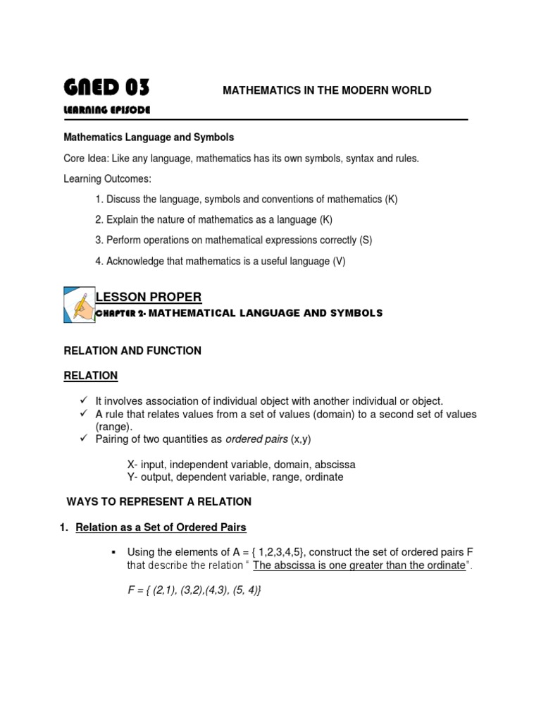 Mathematical Language and Symbols: An Introduction to Relations, Functions, and Operations on ...