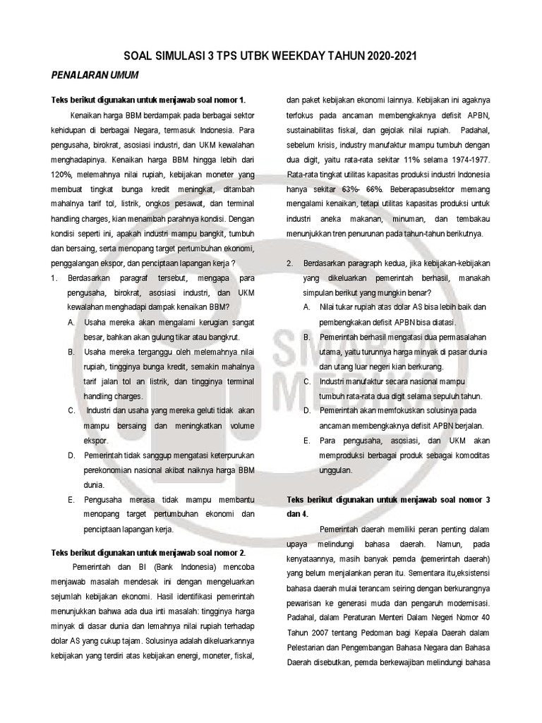 Soal Simulasi 3 TPS Utbk Weekday 2021 | PDF