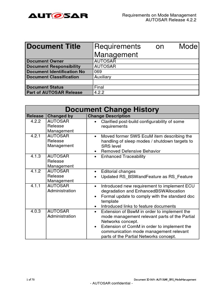 AUTOSAR SRS ModeManagement | PDF | Client–Server Model | Specification ...