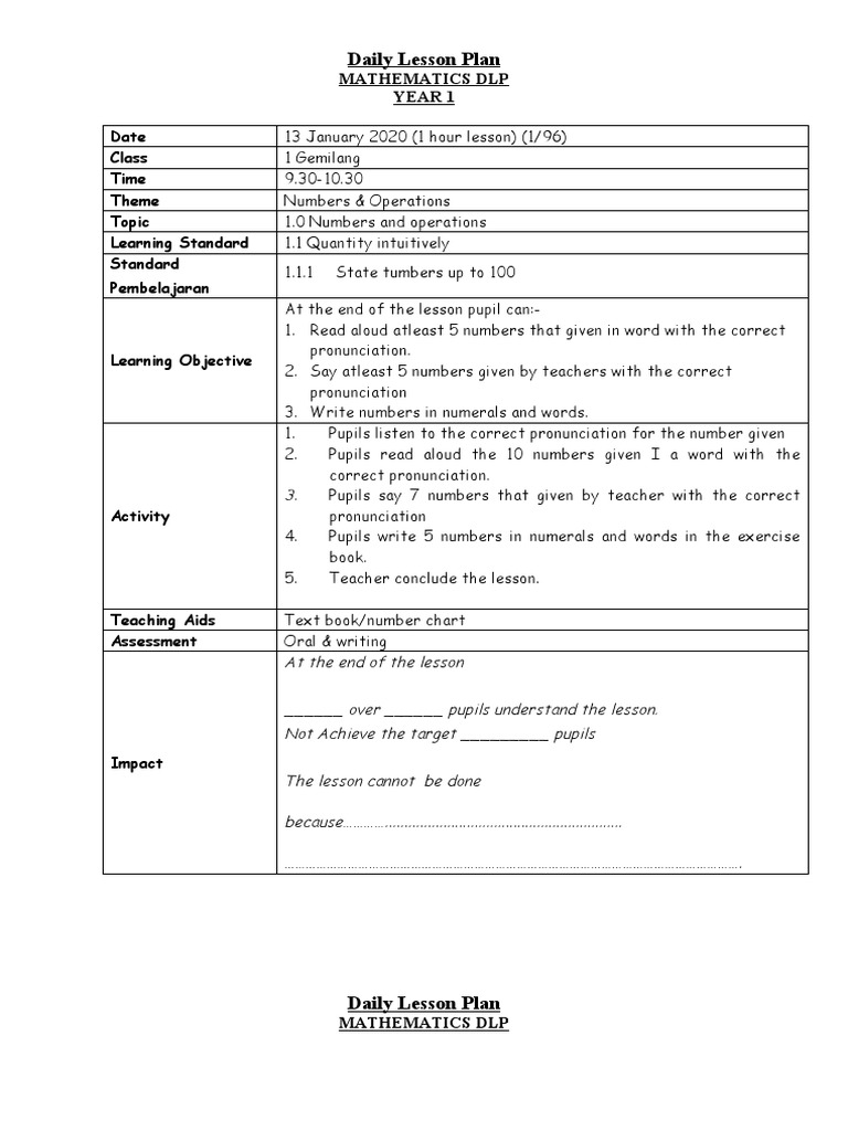 RPH Matematik Tahun 1 2020 | PDF | Lesson Plan | Textbook