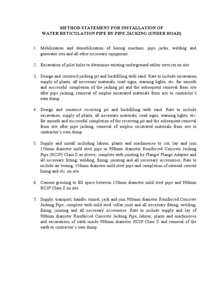 Method Statement For Installation of Water Reticulation Pipe by Pipe ...